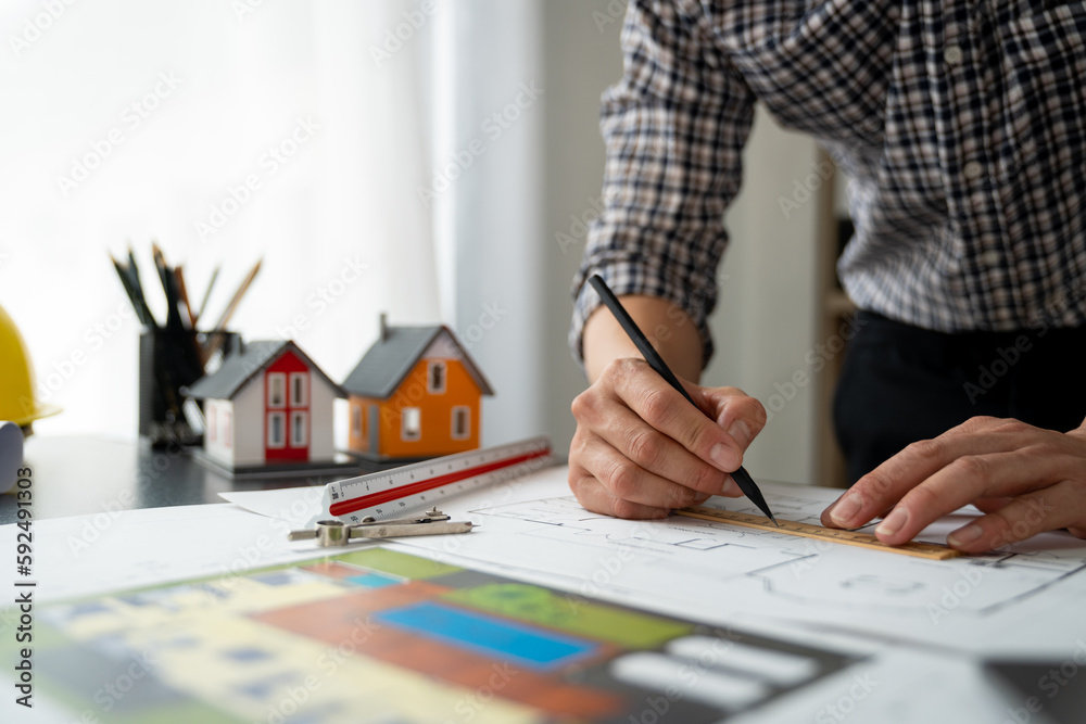 Engineer, architect, contractor starting to draw house plan structural ...