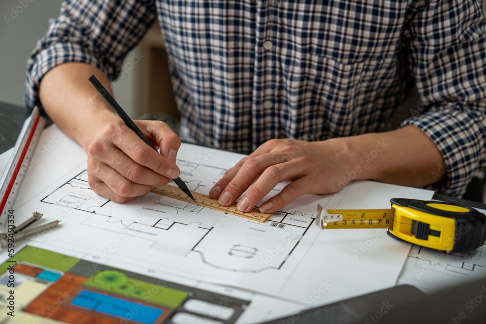 Engineer, architect, contractor starting to draw house plan structural ...