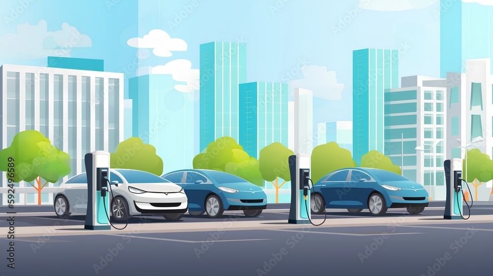Electric vehicle charging station in a cityscape, featuring modern EVs ...