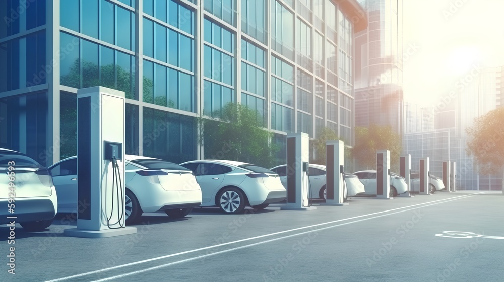 Electric vehicle charging station in a cityscape, featuring modern EVs ...