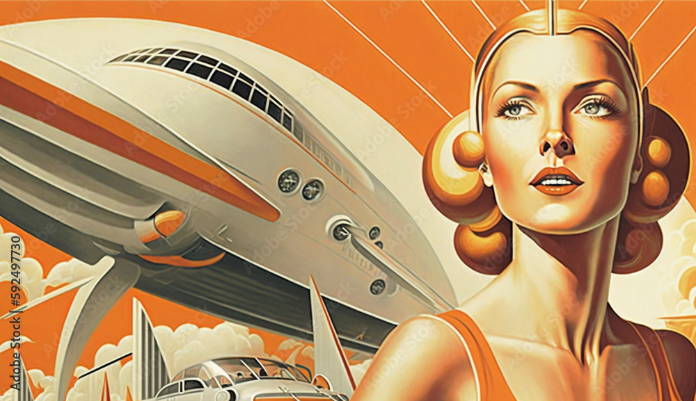 illustration of woman and transport with future technology in retro ...