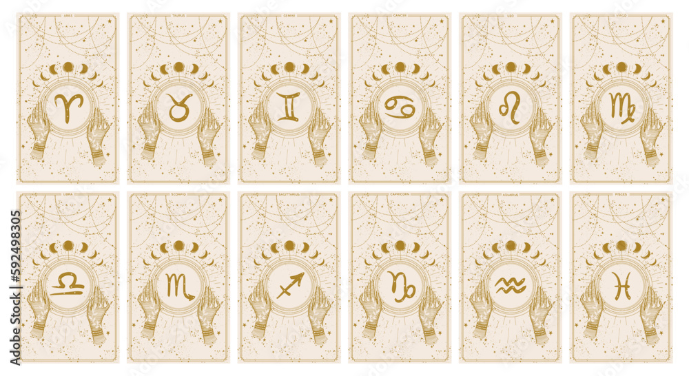 Set of vertical zodiac cards for stories, astrological horoscope, boho ...
