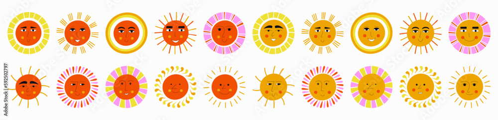 Various personages, happy suns. Social media, diverse mood, spring ...