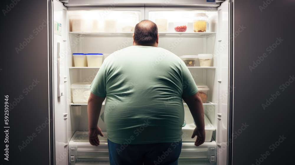 Single fat man standing in front of the opened big cooler. Generative ...