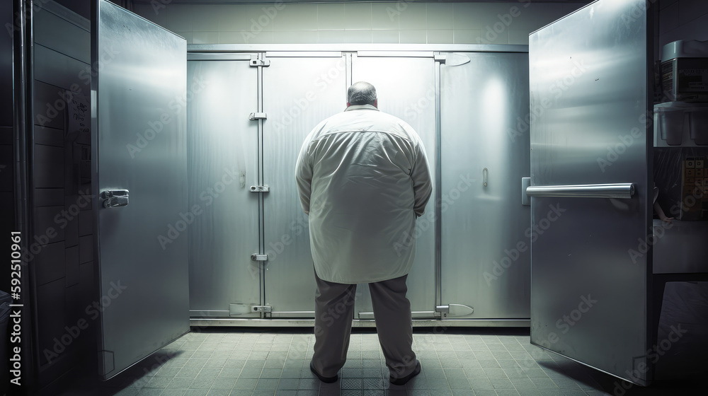 Single fat man from the back standing in front of a big cooler ...