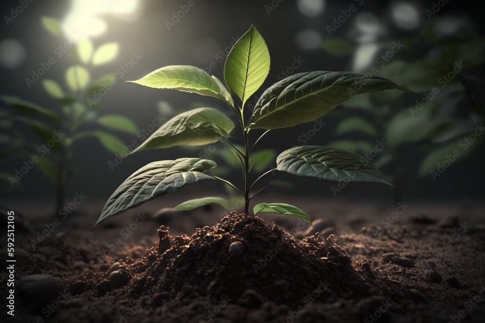 Plant growing in farm ground or forest with sunlight at daytime. Young ...