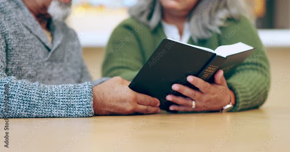 Closeup couple reading bible, book and praying at home in spiritual ...