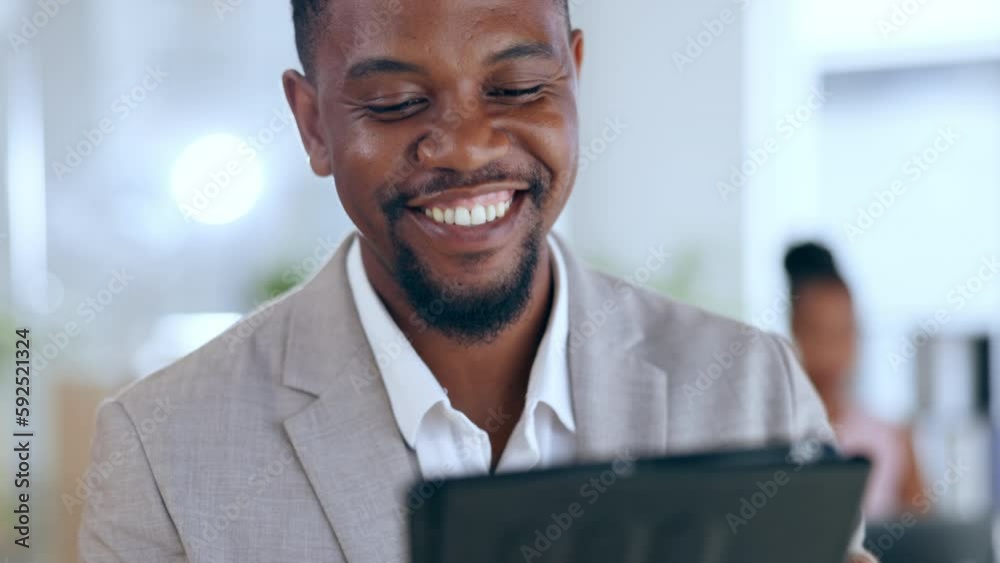 Happy black man, face and tablet laughing for social media, funny joke ...