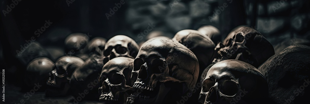 ภาพประกอบสต็อก human skulls and bones of people killed in war in crypt ...
