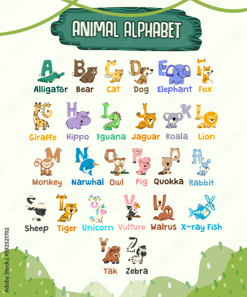 Vector animal alphabet with cute cartoon animals and letters. Stock ...