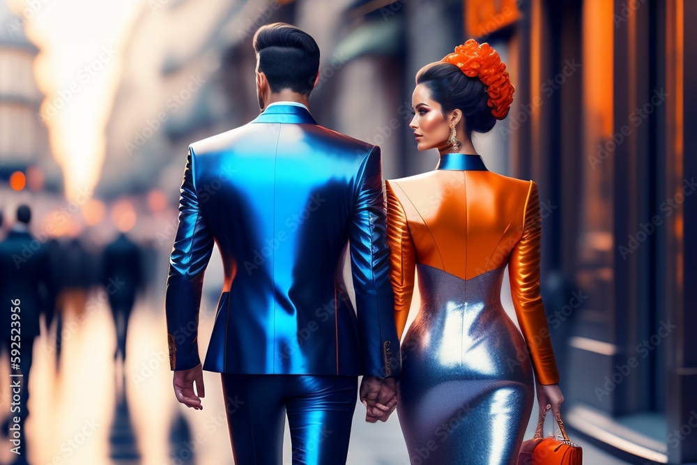 robot female metallic and sophisticated , walking hand in hand with ...