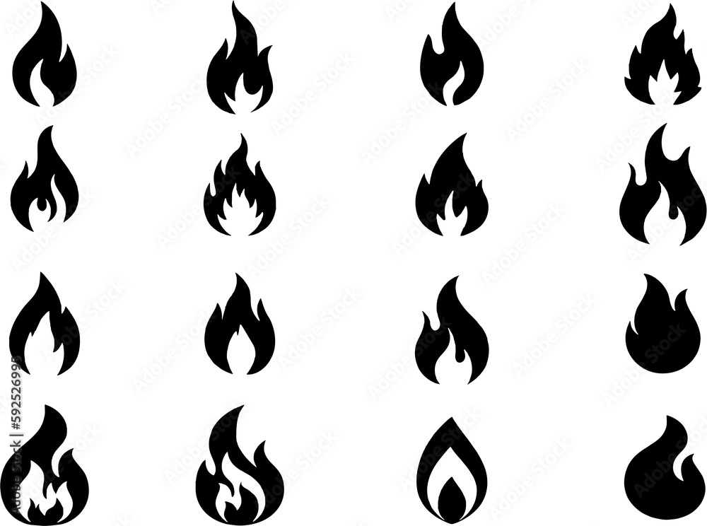 Fire flames, set icons on white background. Symbols of passion, power ...