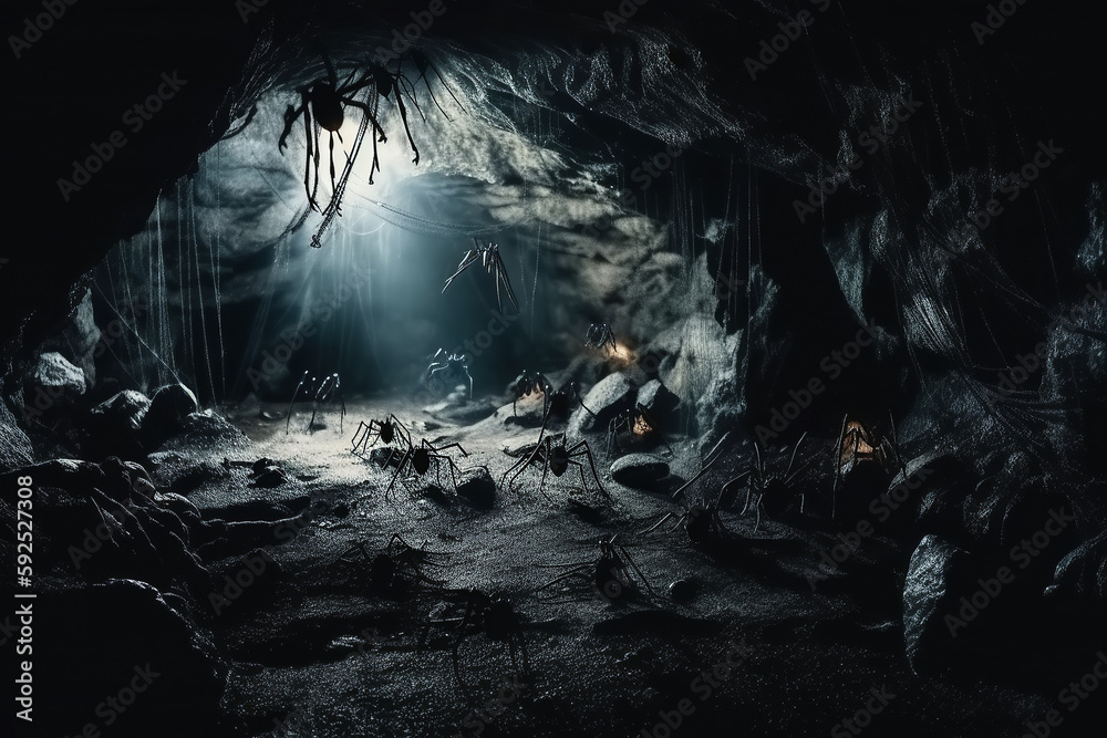 big scary monster spiders in spider web in cave at night. Arachnophobia ...