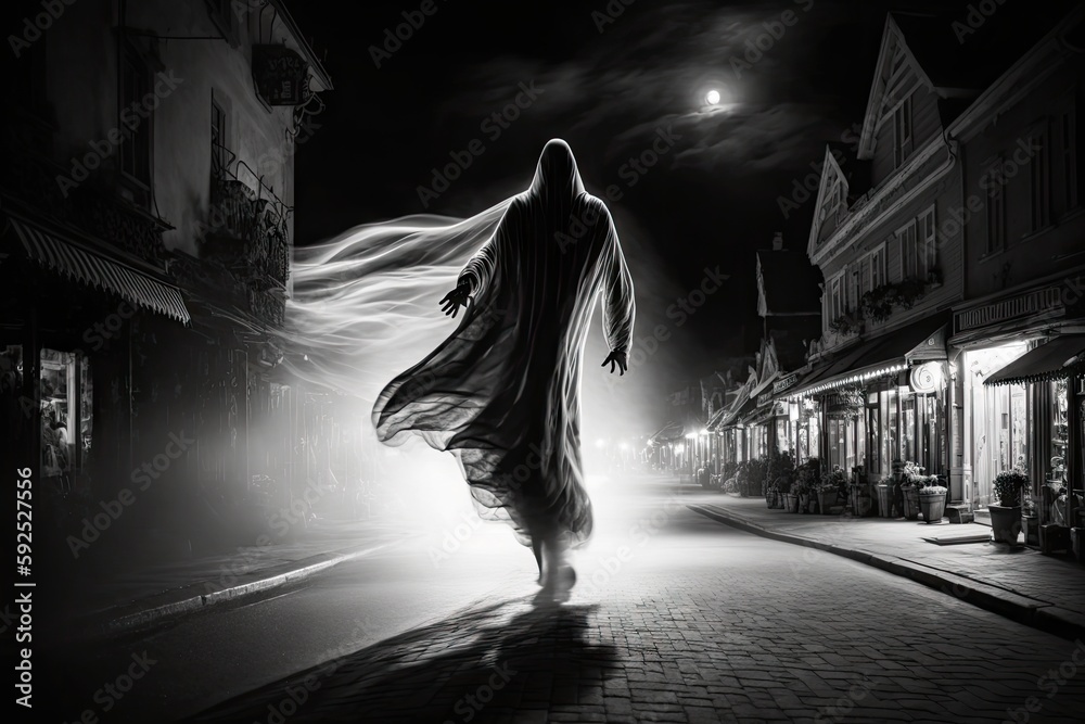 frightening evil spirit in form of ghost walking on street at night ...