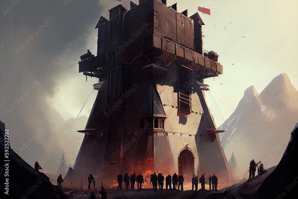 siege tower being lowered, with troops ready to storm castle walls ...