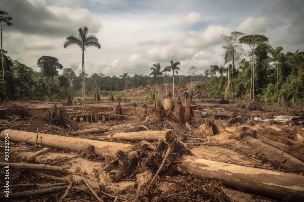 deforestation and habitat destruction in a tropical rainforest, with ...