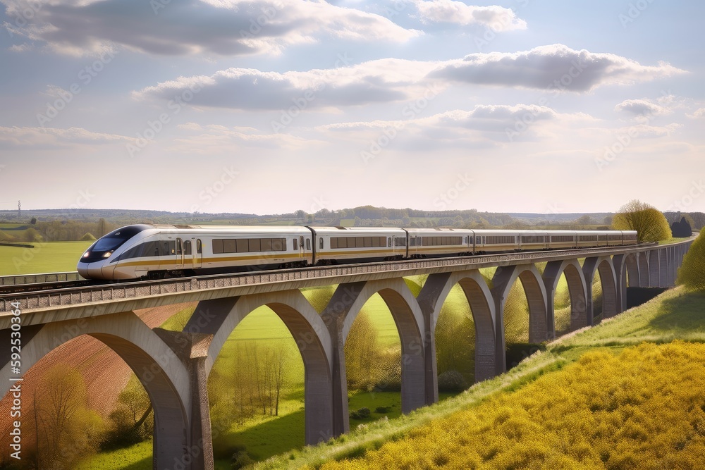 high-speed train roars past bridge, with view of the countryside ...