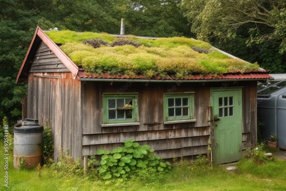 an old shed with a new green roof and windows, created with generative ...