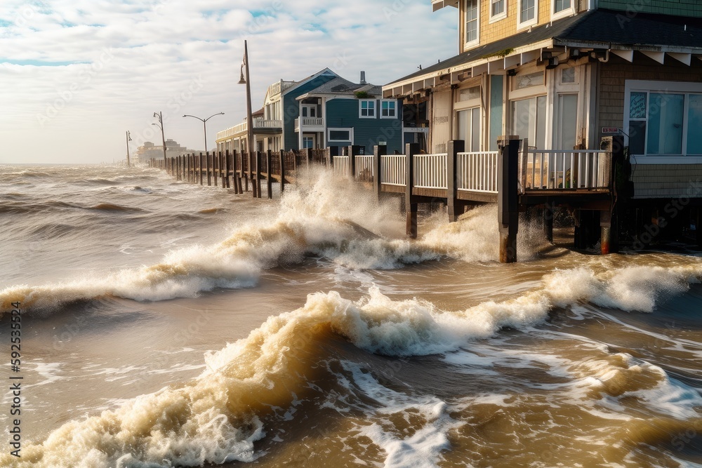 rising sea levels, with flood waters rushing into coastal town, created ...