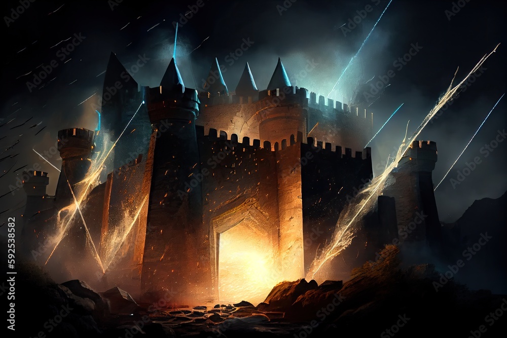 storming a fortress at night, with fire arrows raining down on the ...