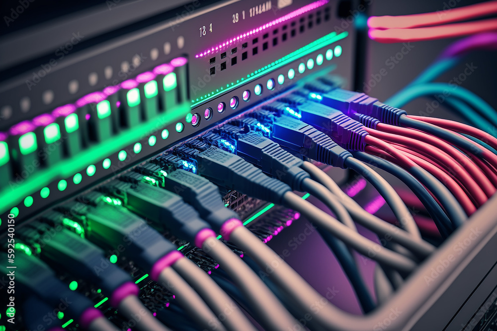 Network panel, switch and cable in data center, Generative AI Stock ...