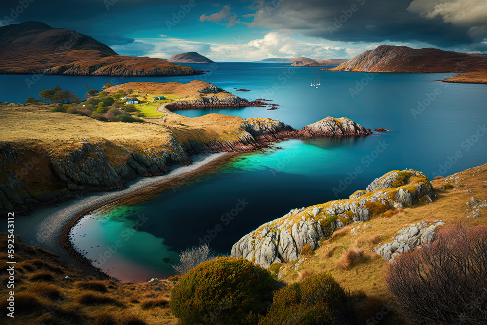 coastal landscape by the sea with green meadows in scotland. Generative ...