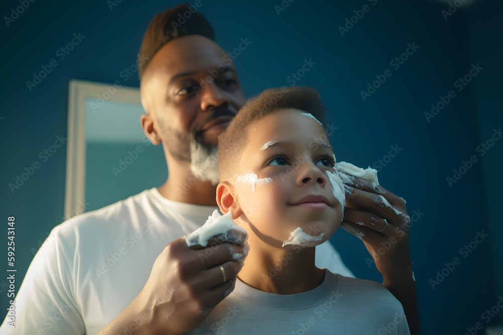 Man and little boy with shaving foam on their faces looking into the ...