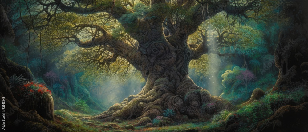 Ancient and old towering oak tree with thick branches and ever reaching ...