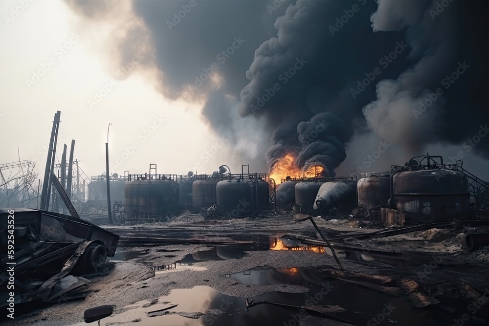 refinery, its tanks and pipelines destroyed by fire, smoke rising from ...