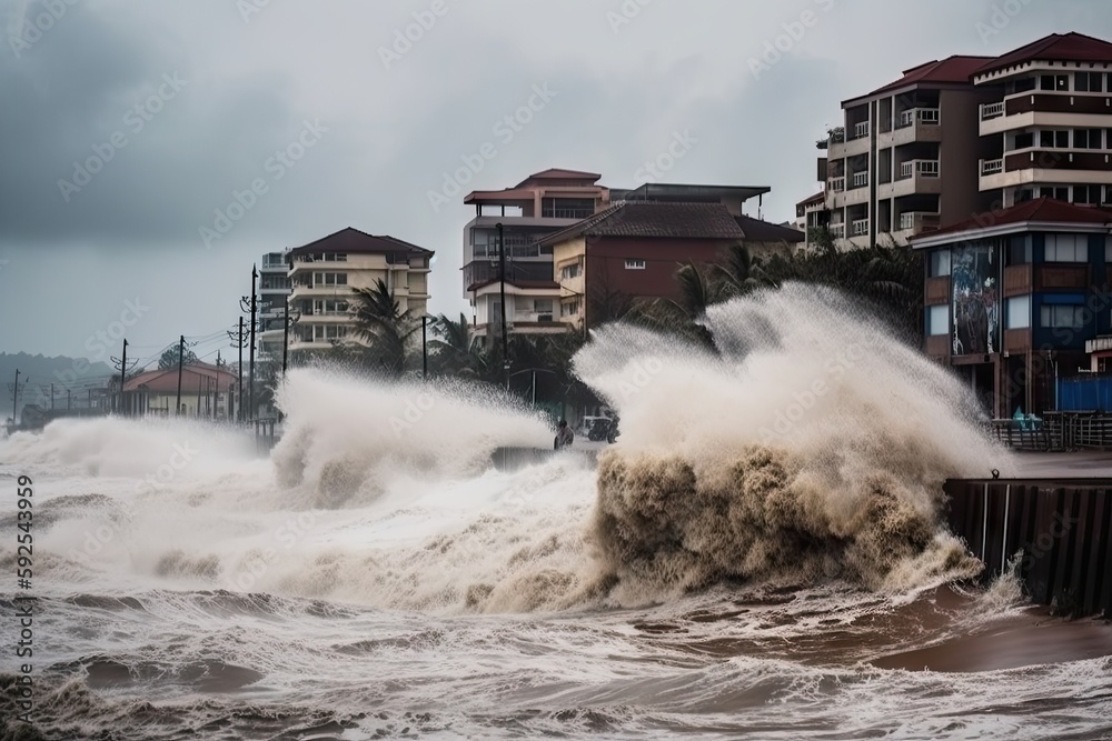 tsunami wave crashes into coastal city, flooding streets and destroying ...