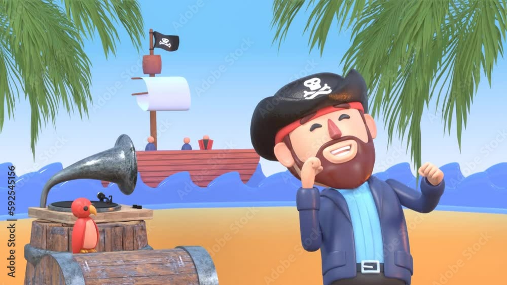 3d animation of pirate captain dancing near treasure chest with sailing ...
