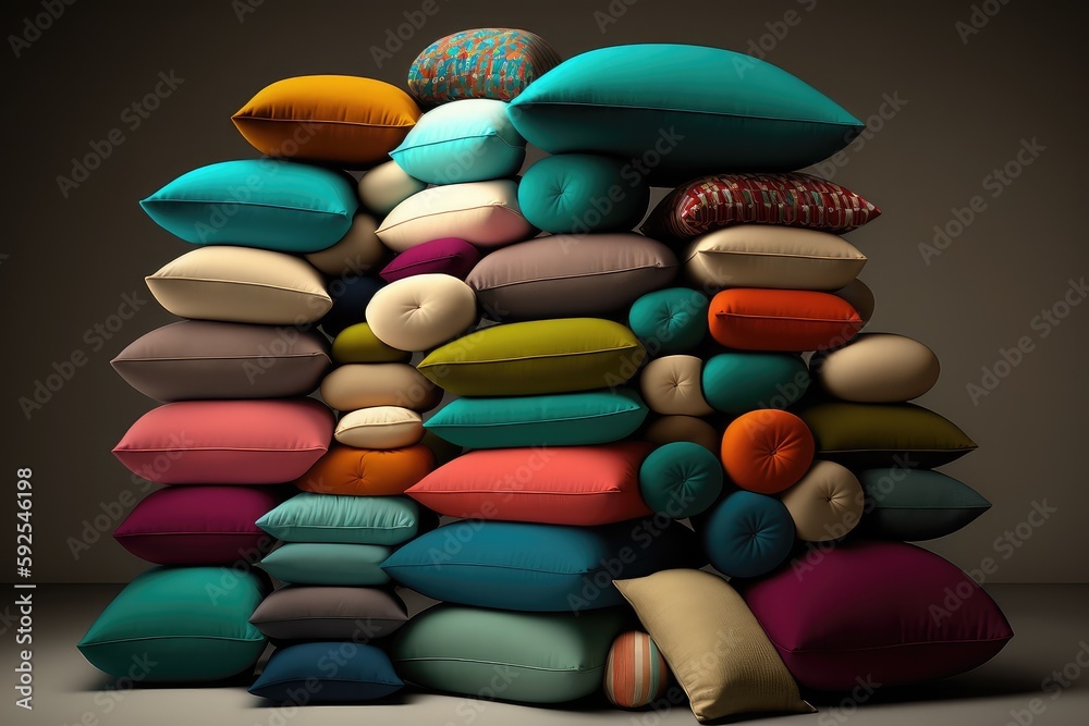 stack of pillows in a variety of colors, shapes and sizes, created with ...