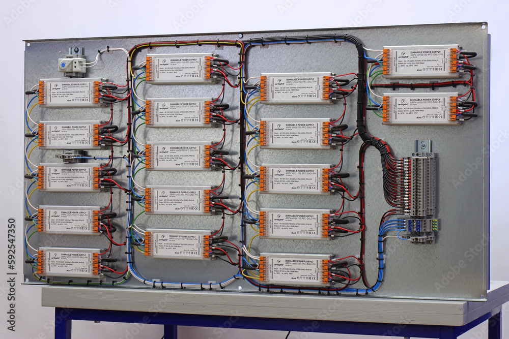Metal panel with installed Arlight power supplies for dimming lighting ...