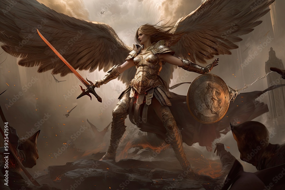 good angel, with her sword and shield, battling evil demon in epic ...