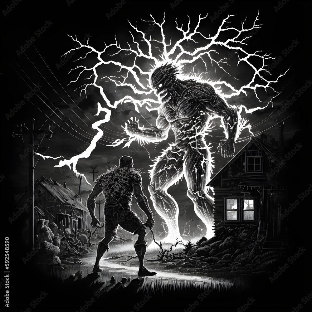 black and white gothic detailed illustration of two giant humanmonsters ...