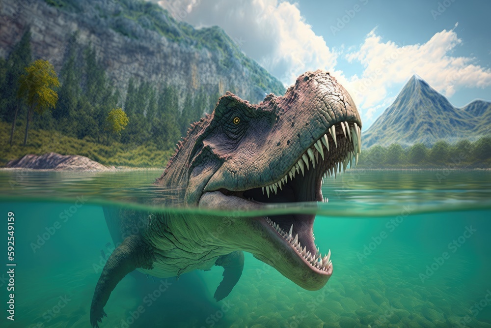 tyrannosaurus rex swimming in prehistoric lake, its massive head above the water, created with ...