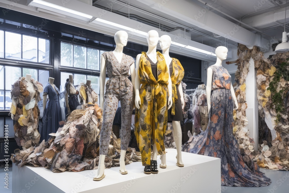 fast-fashion store, with mannequins modeling recycled apparel and ...