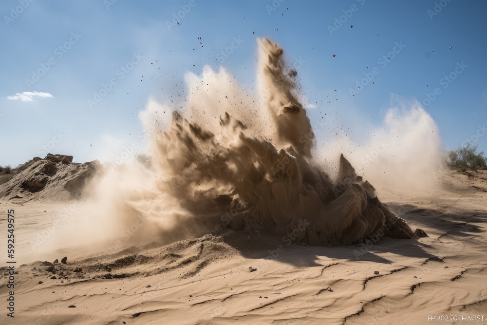sand explosion, with debris and sand flying in all directions, during ...