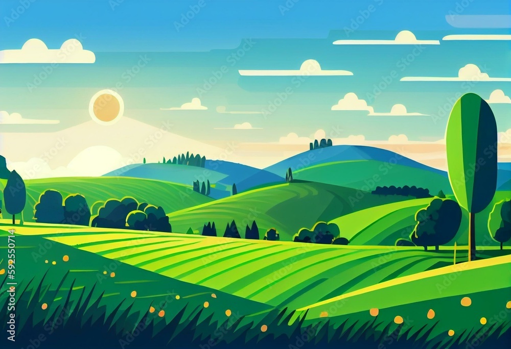 2d illustrated illustration of beautiful summer field with dawn, green ...