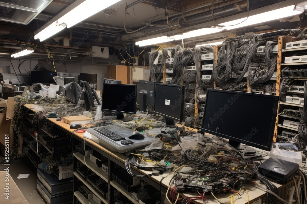 electronic recycling center, with bins of cables, hard drives, and ...