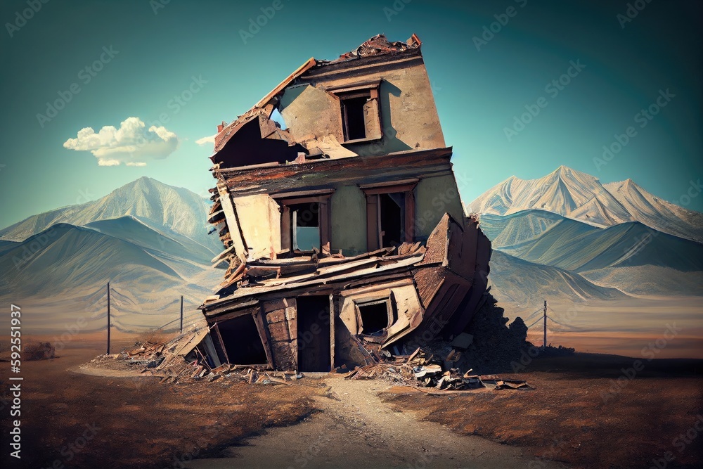 ruined collapsed building in aftermath earthquake among devastated landscape, created with ...