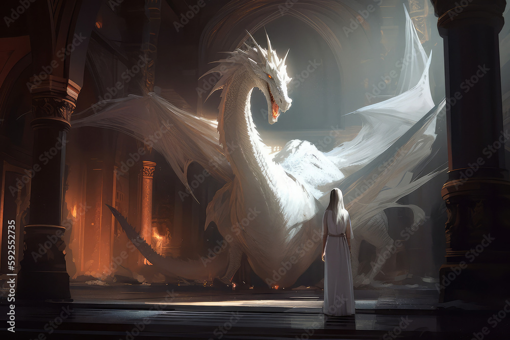 encounter of a beautiful white dragon and a girl in a robe in a great ...