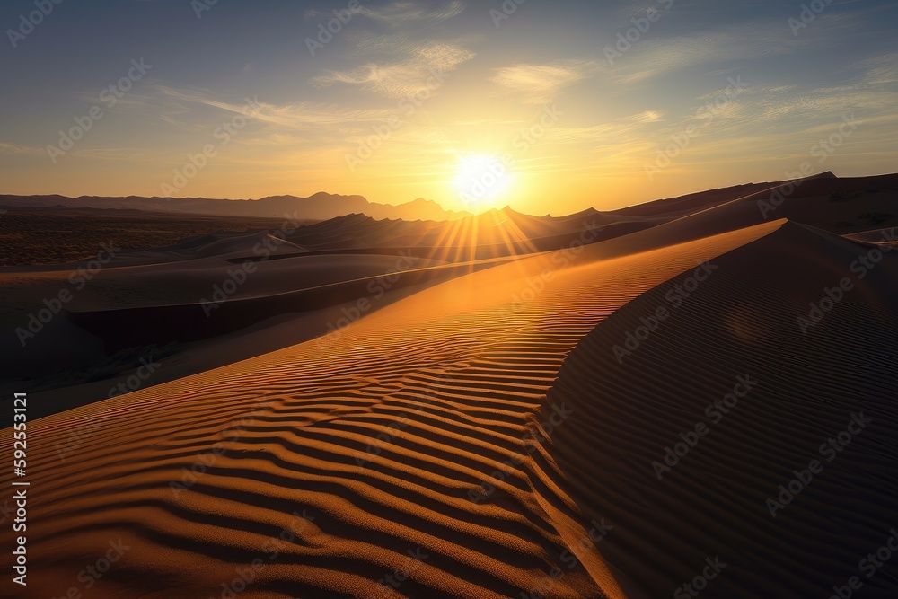 desert sunrise, with the sun peeking over the horizon, casting warm ...