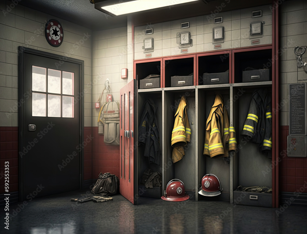 Fire department locker Helmets and uniforms in locker room of fire ...