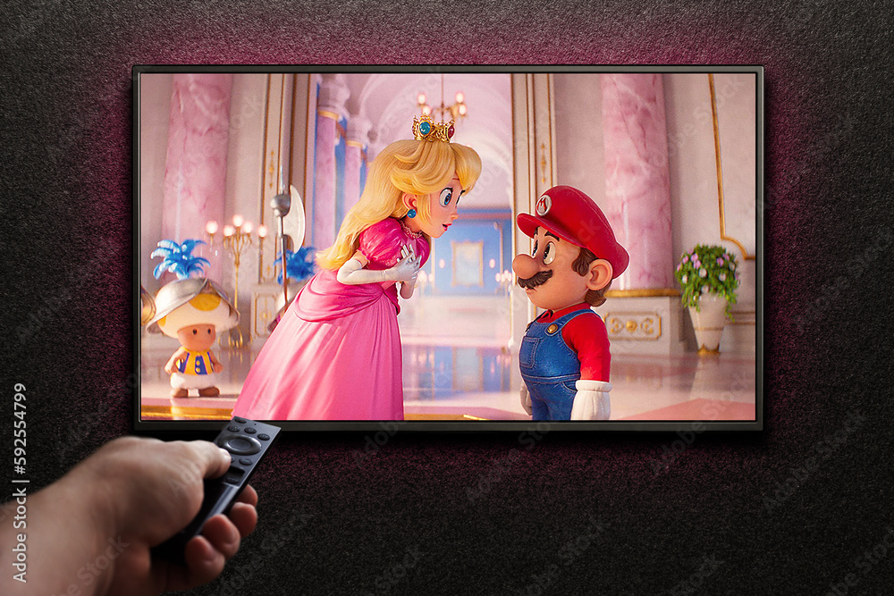 Foto de TV screen playing The Super Mario Bros. Movie trailer or movie ...