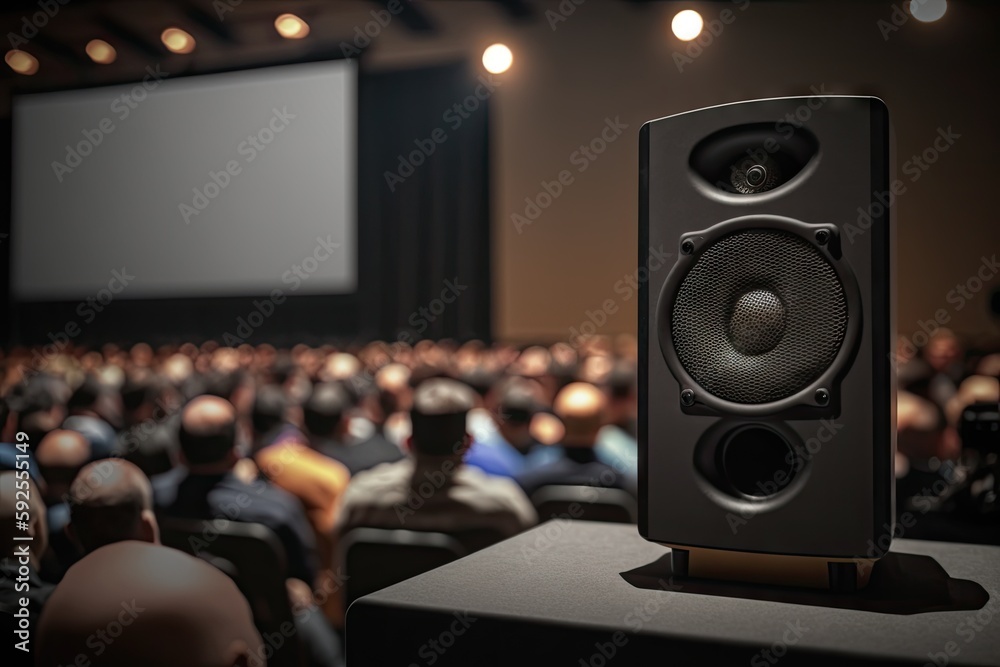 audio speaker mounted on a stand, with the stage and audience visible ...