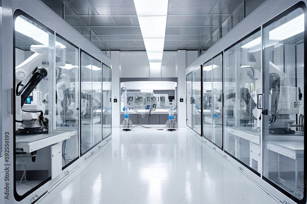 cleanroom with robots performing exacting and repetitive tasks, such as ...