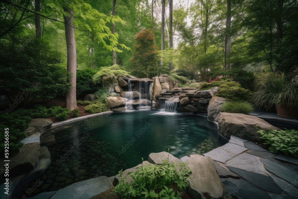 forest oasis with cascading waterfall and natural pool, created with ...