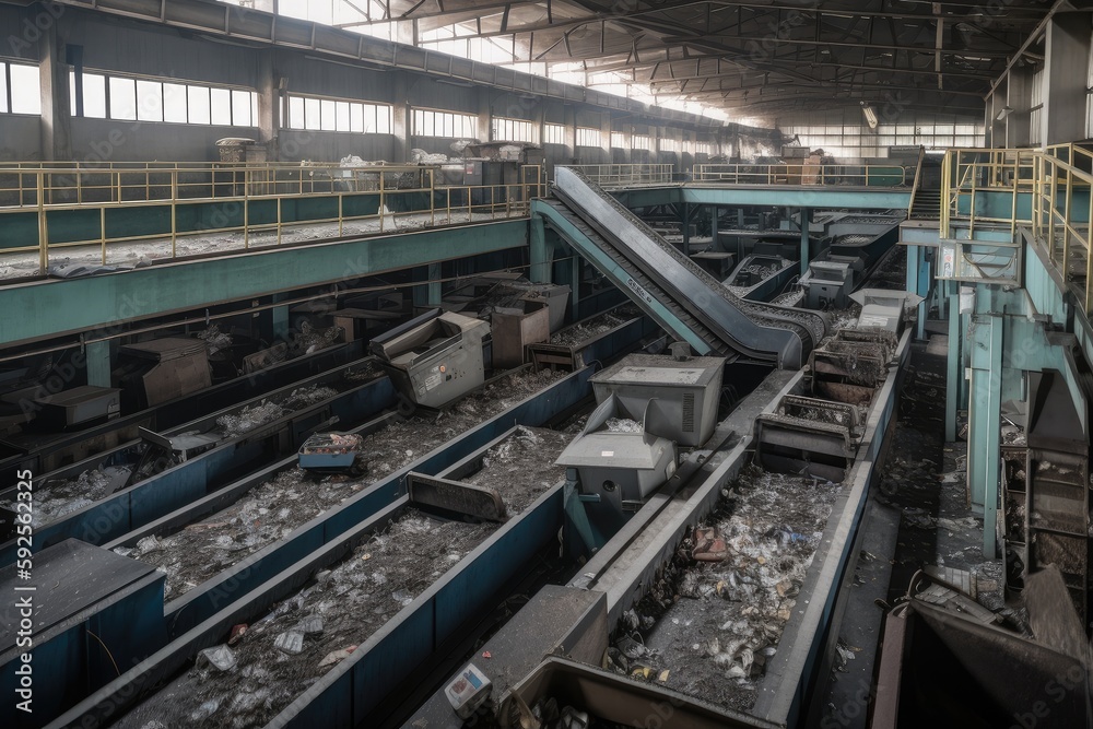 e-waste recycling facility, with conveyor belts and compactor machines ...