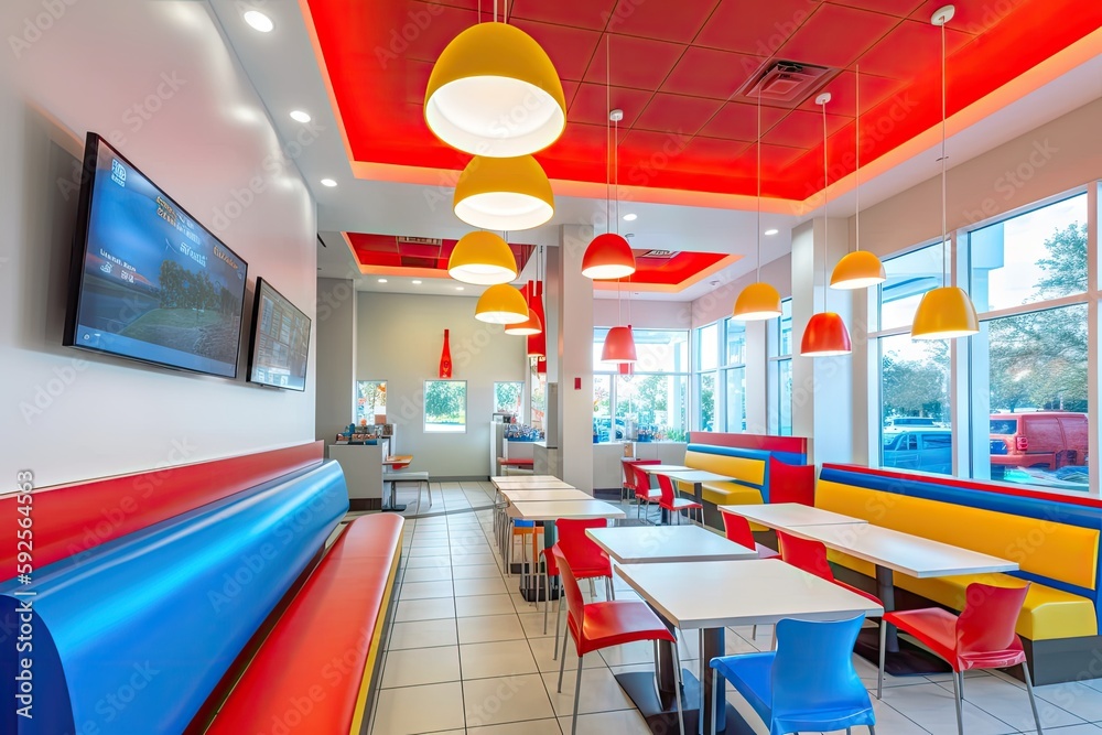 fast food restaurant with sleek and modern design, featuring clean ...